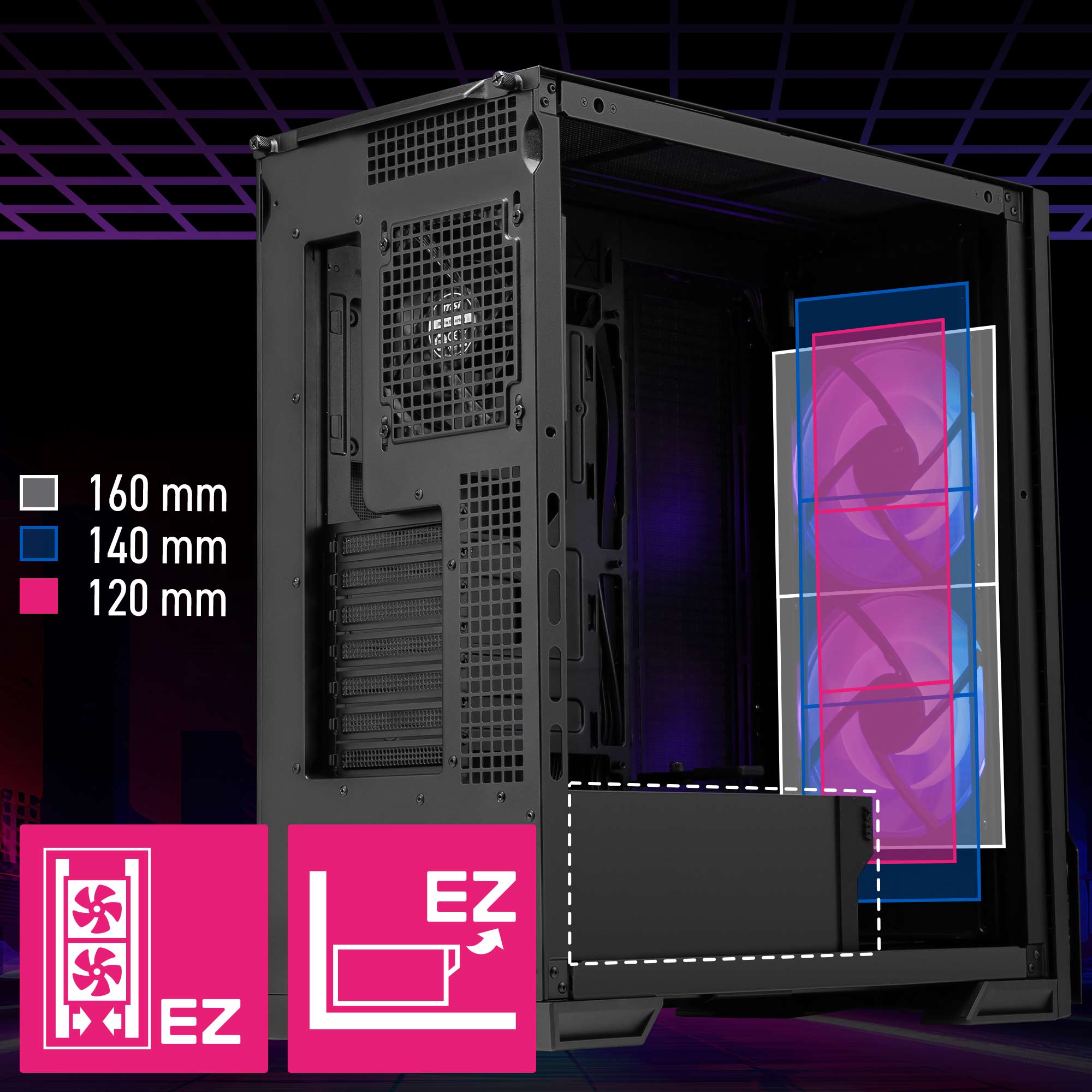 MSI MPG Velox 300R Airflow PZ - Mid-Tower Gaming PC Case - Tempered Glass Side Panel - 2 x 160 ...